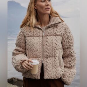 Varley | Jackets & Coats | Varley Reggie Cable Knit Puffer Light Taupe ...